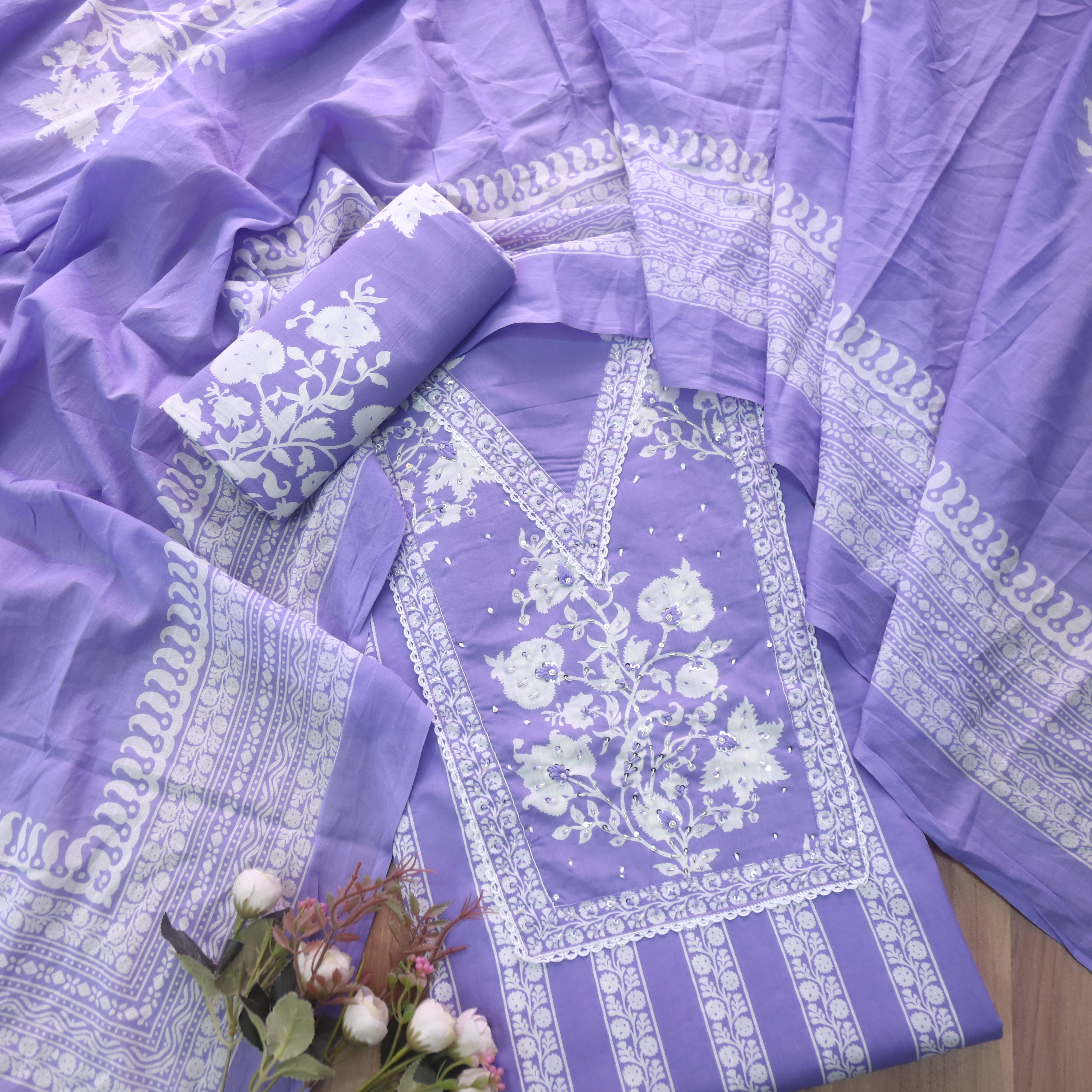 Raina Orchid Purple Embellished Neck Work Floral Printed Cotton Suit S ...