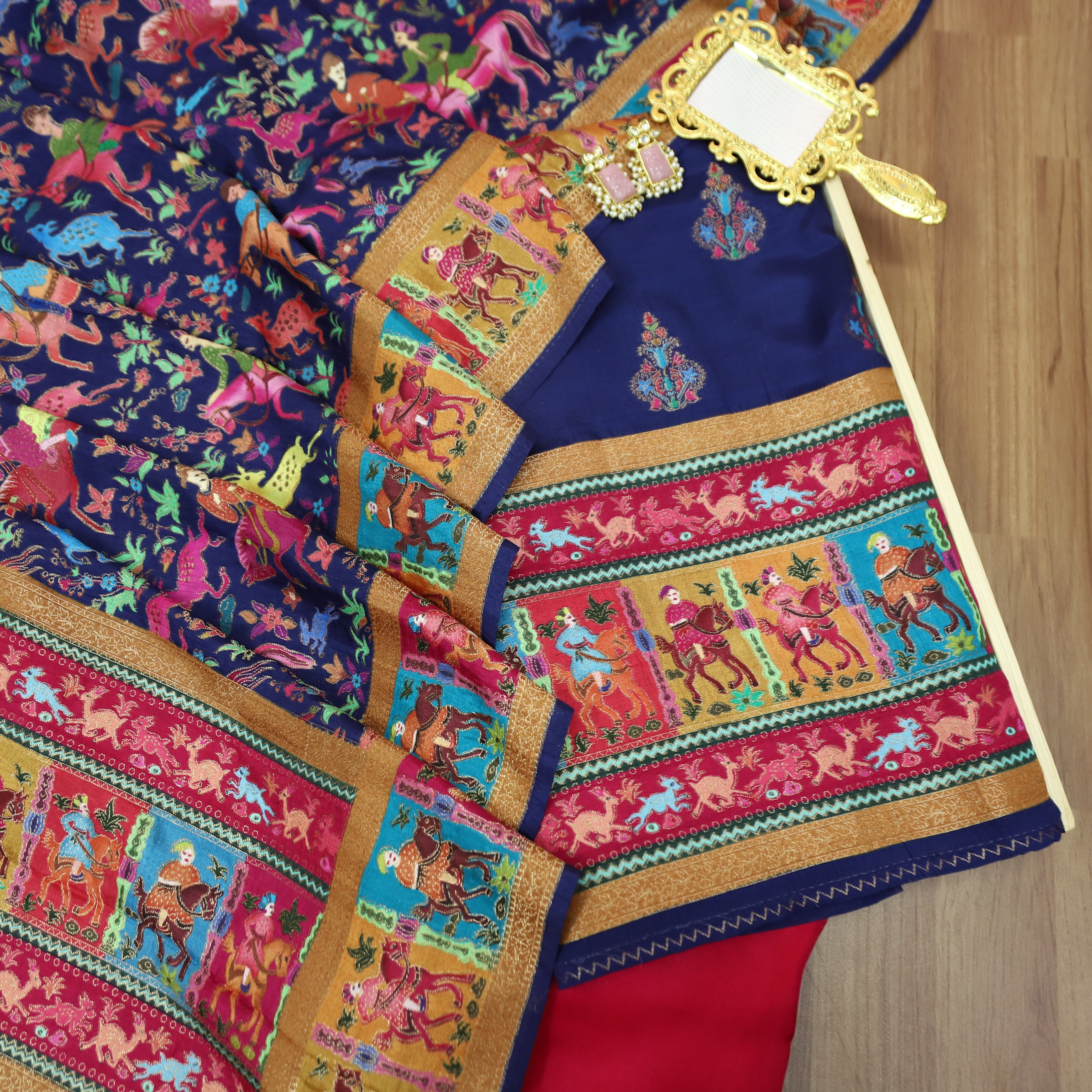Saraayah Blue Luxe Pochampally Print in Pogishan Jacquard Weaved Gajji ...