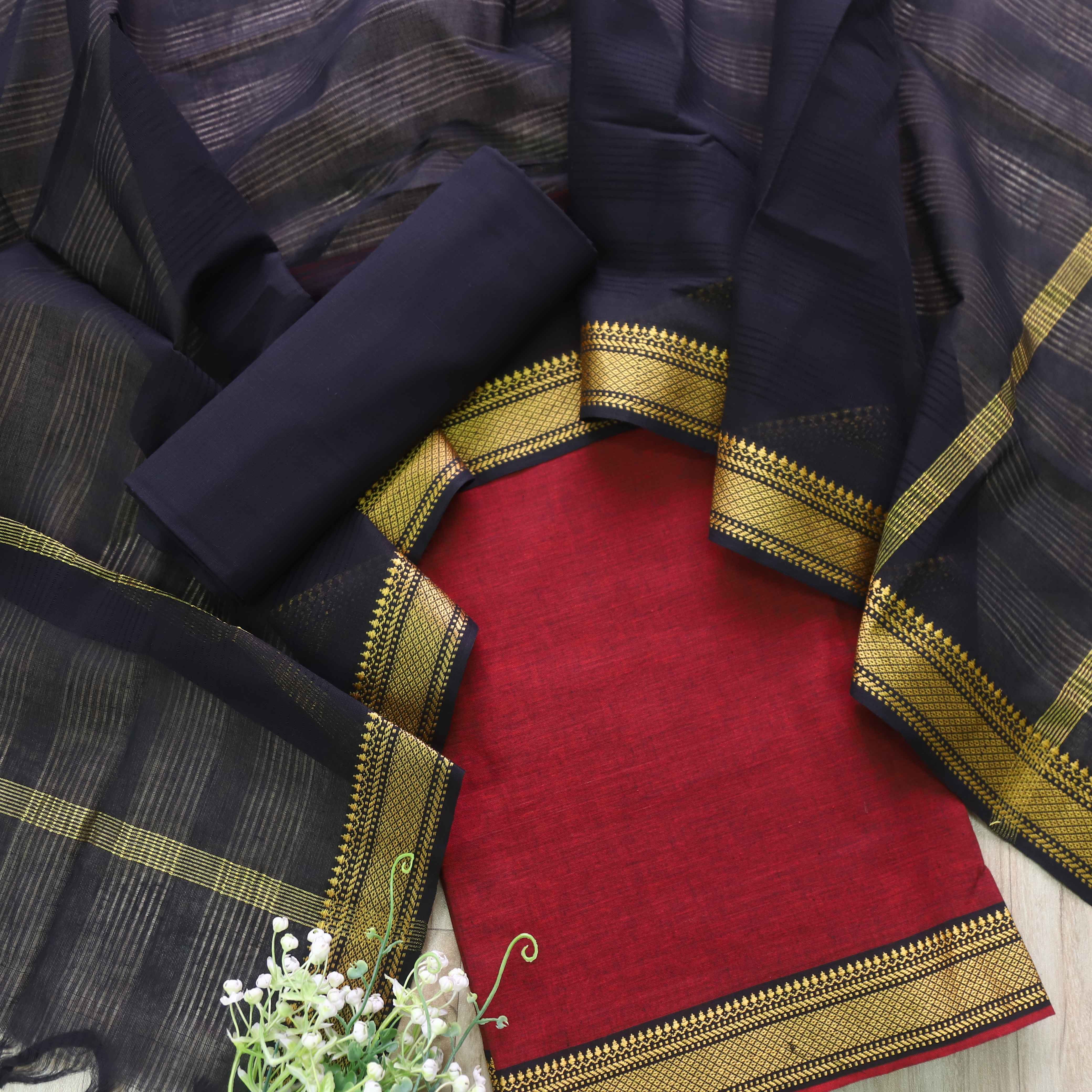 Sanskruti Blood Red with Black Dupatta South Cotton Temple Hem Suit Se ...