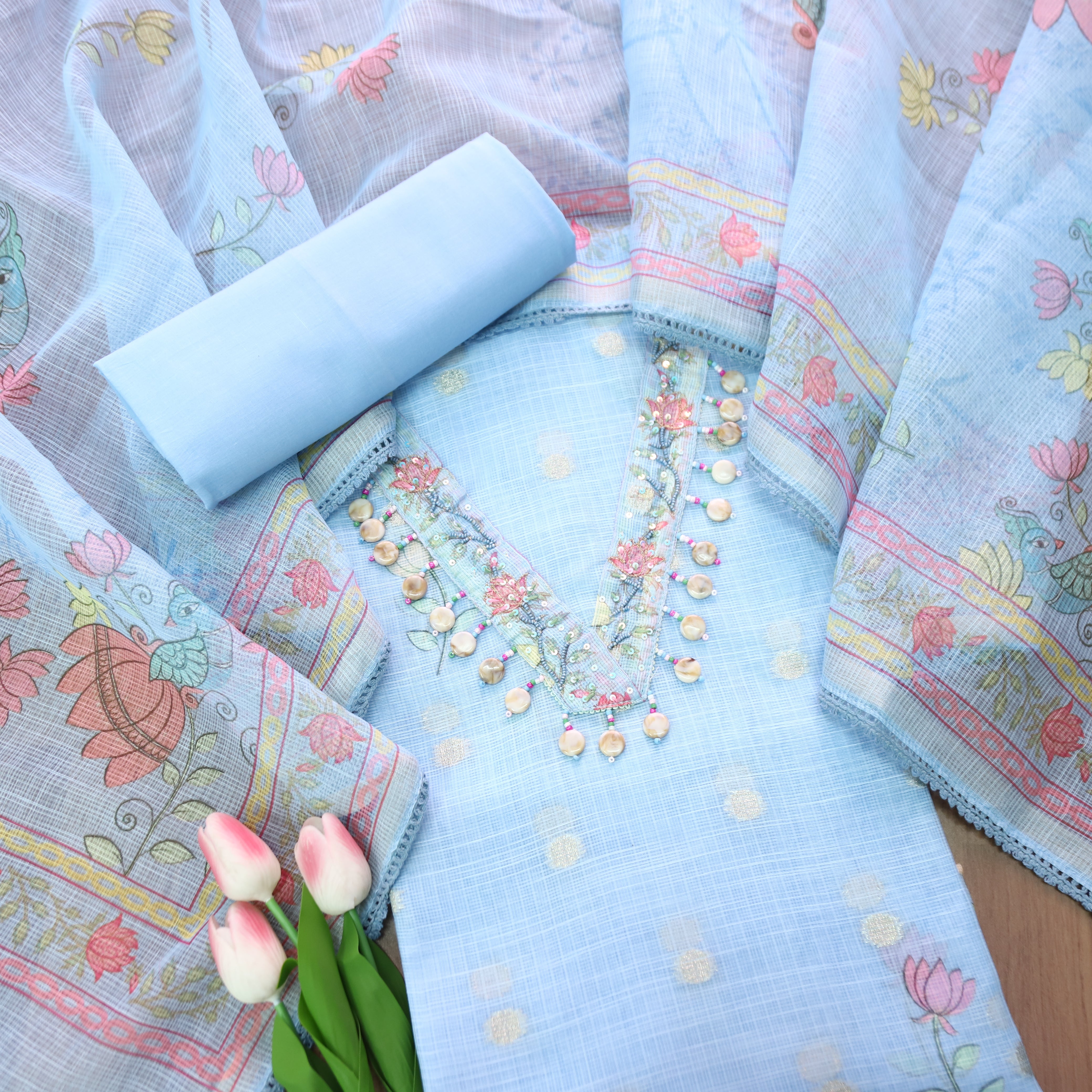 Sahiba Powder Blue V Neck with Shell and Moti Work Peacock Print Kota ...