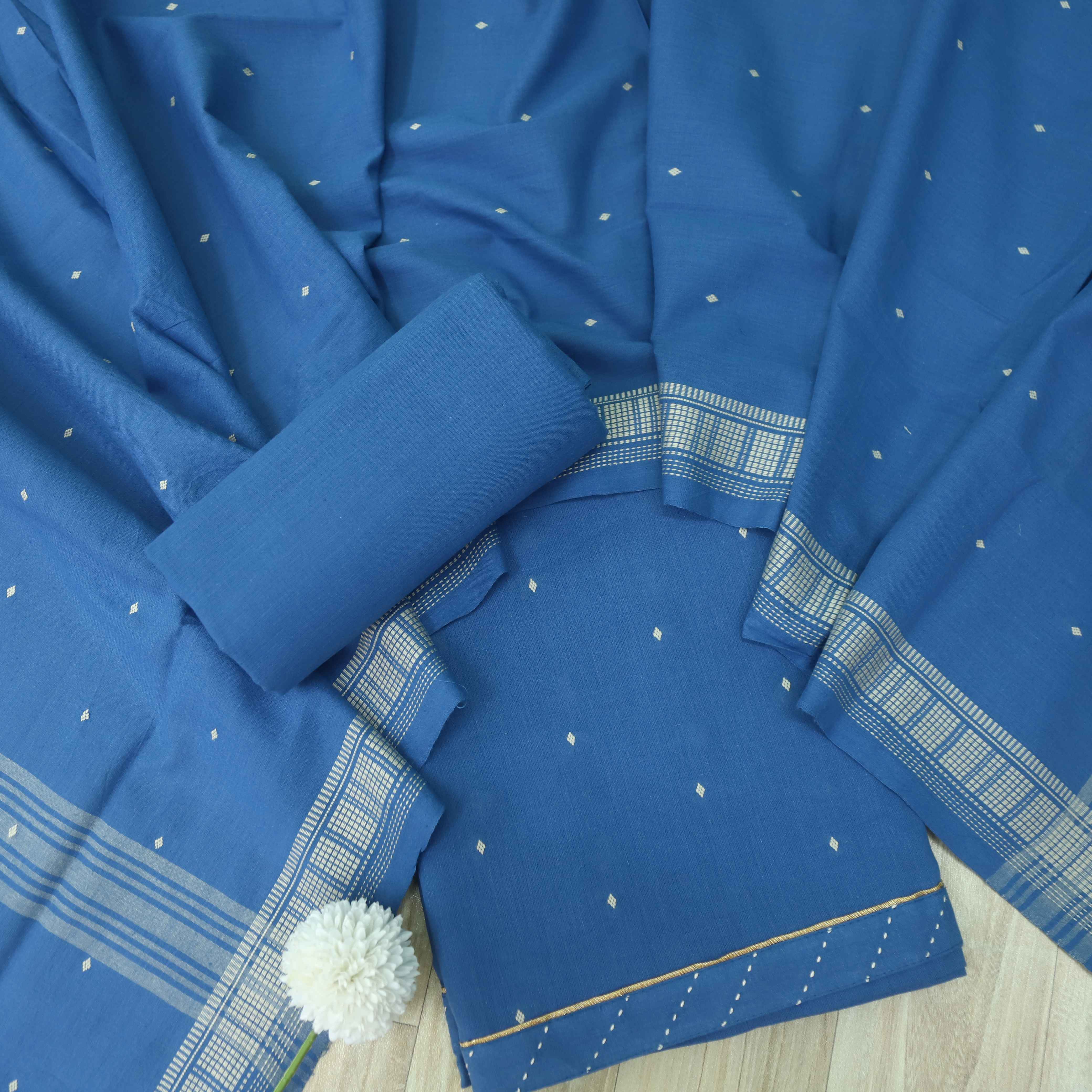 Madhubala Cerulean Blue Thread Weaved Handloom Cotton Suit Set ...