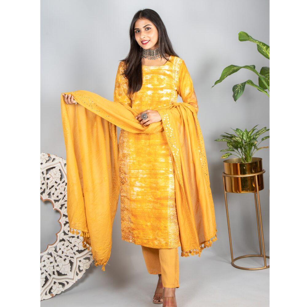 Gold yellow Thread work Cotton 3 piece set – Desisandook Enterprises ...