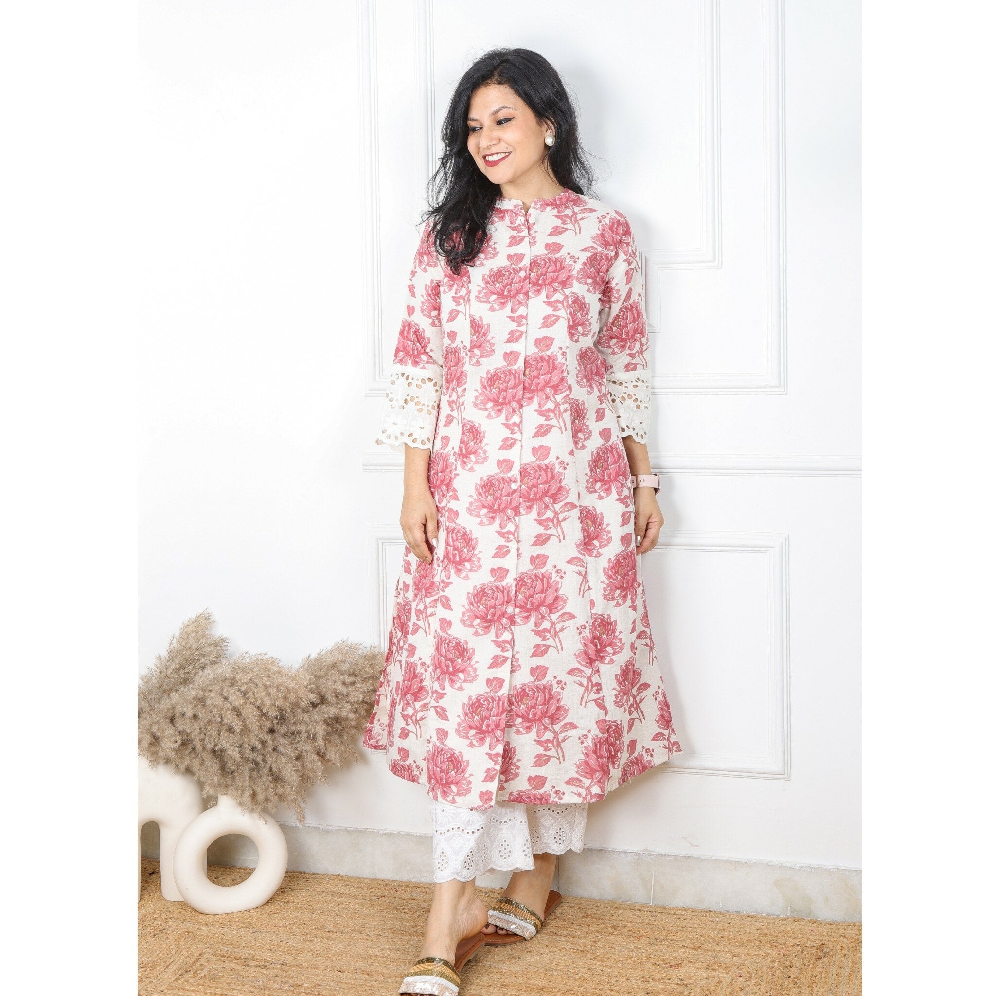 Beige and Rosewood Floral Printed Kurti with Front Buttons ...