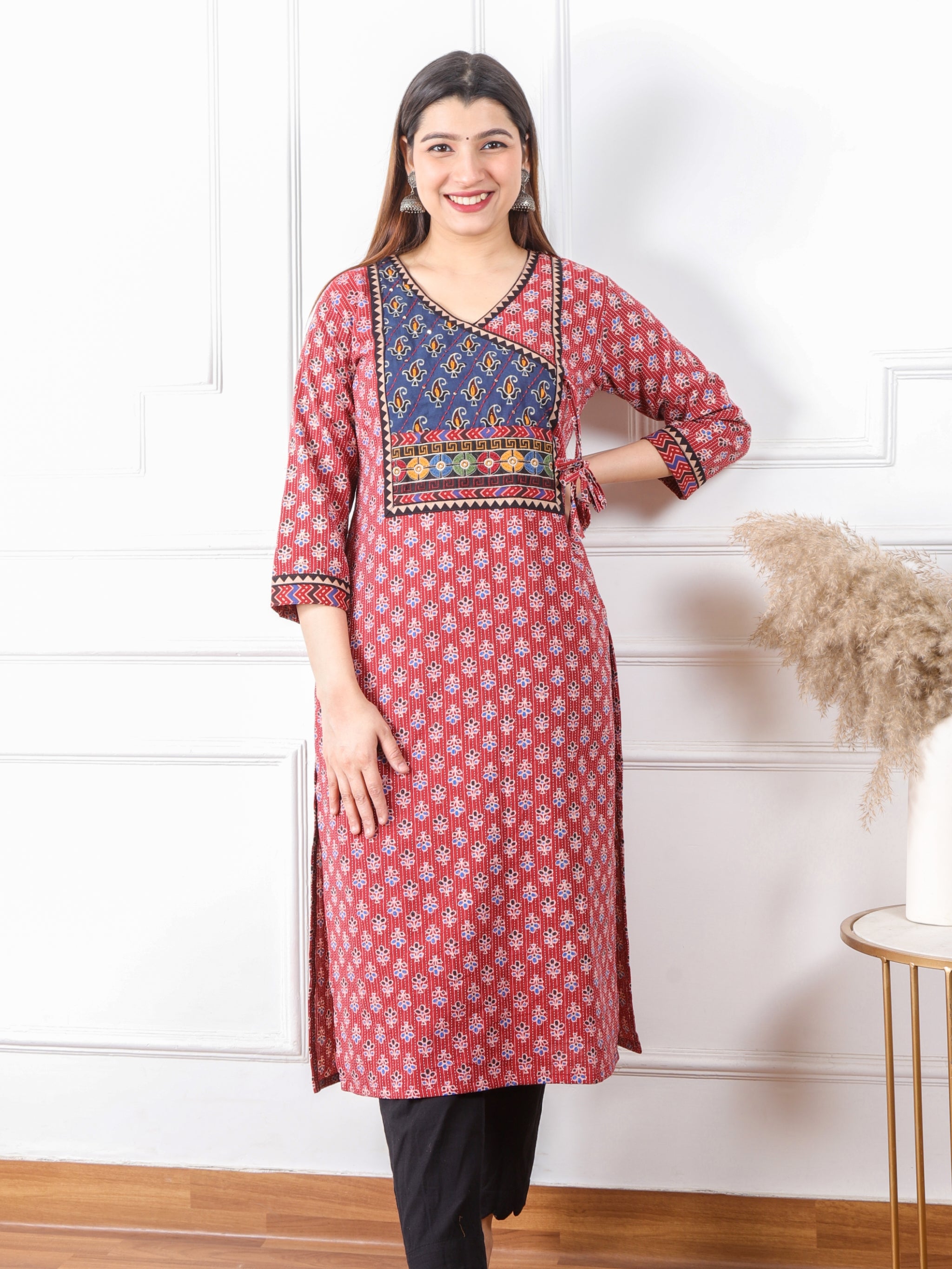 Ghoomer Apple Red Angrakha Style Neck Work Print Cotton Kurti-D1 ...