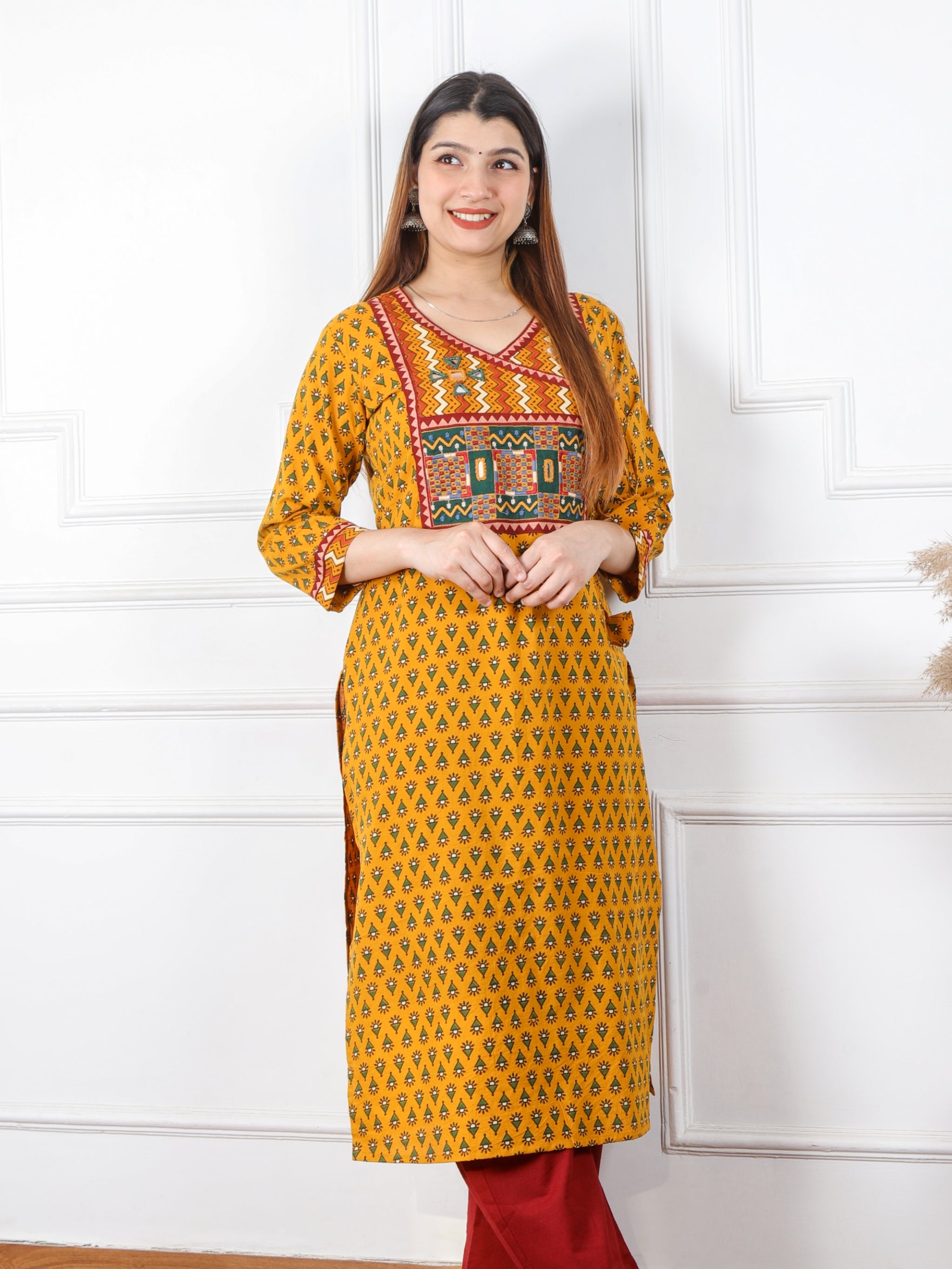 Ghoomer Bright Yellow Angrakha Style Neck Work Print Cotton Kurti-D3 ...