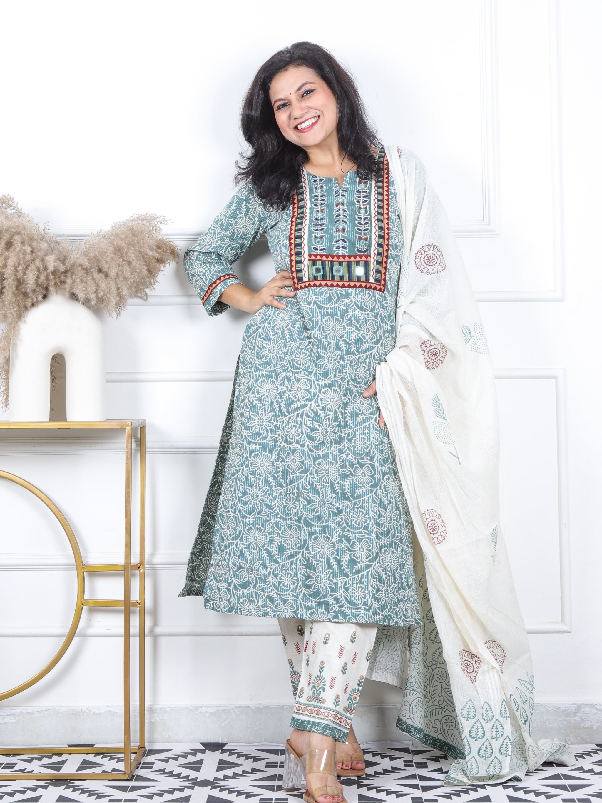 Kush Sage Green Mirror Work Patch In Running Stitch Cotton 3 Piece Set ...