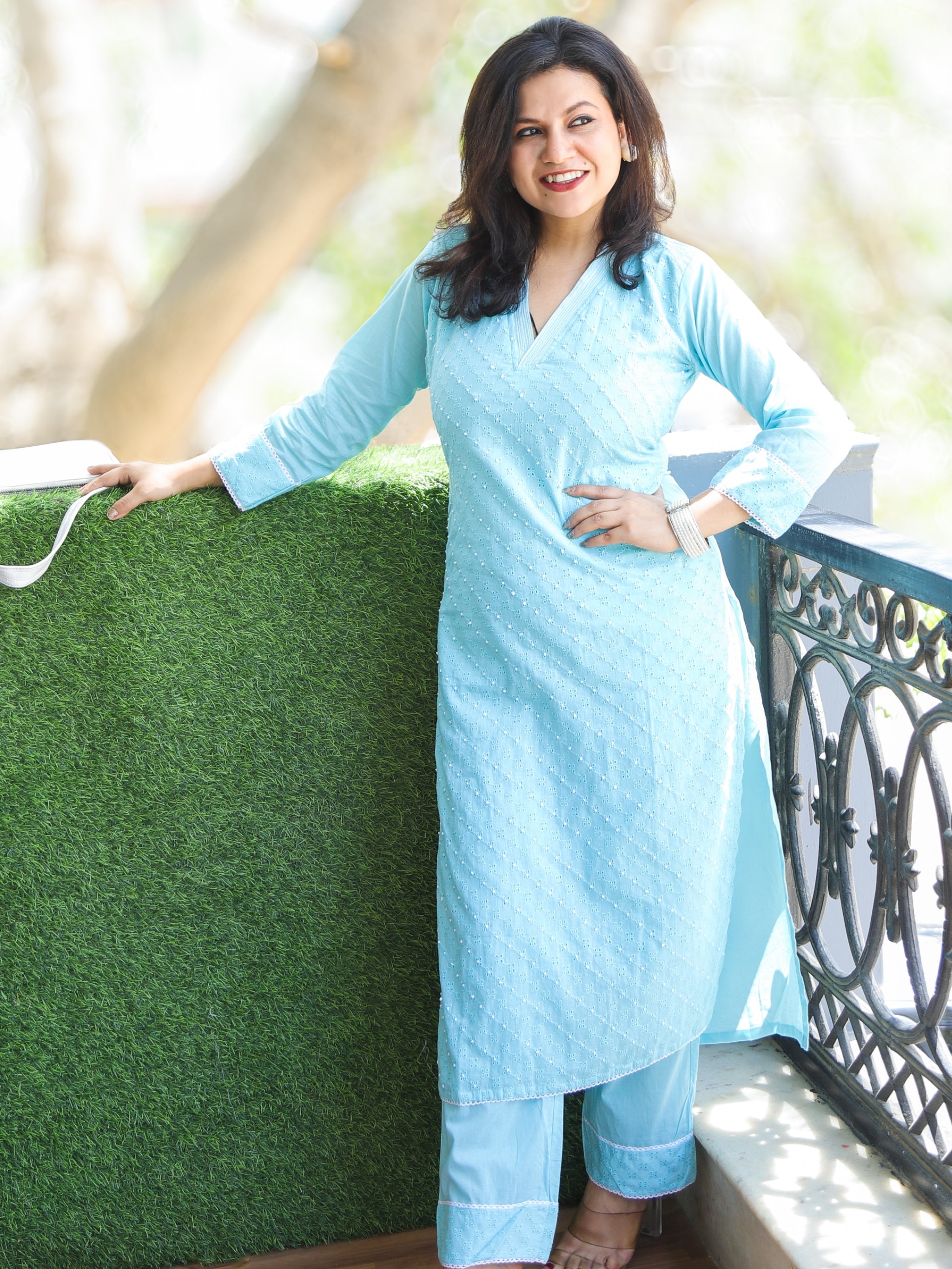 Chanda Baby Blue V Neck Thread Work French Knot in Cotton Schiffli 2 P ...