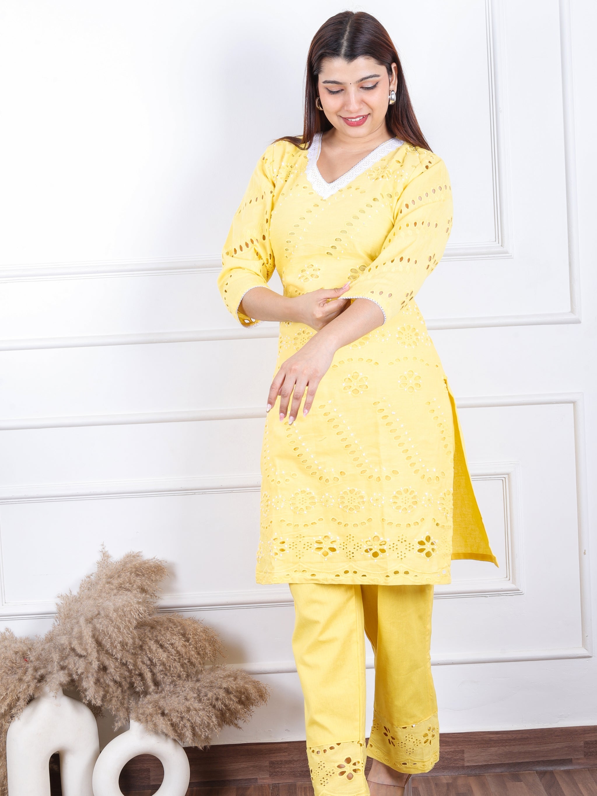 Gulkand Butter Yellow V Neck Lace work in Cotton Schiffli 2 Piece Set ...