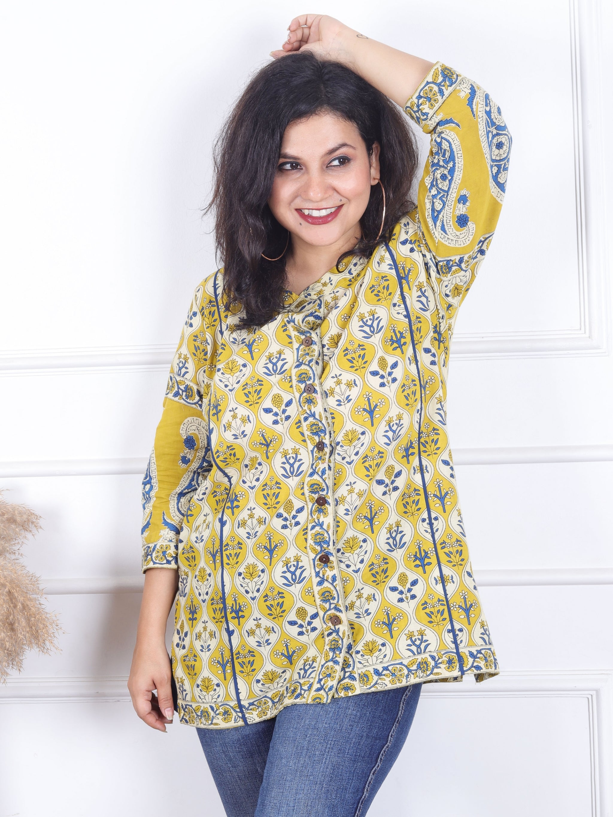 Rani Butter Yellow Ban Collar with Piping and Button Work Floral Print ...