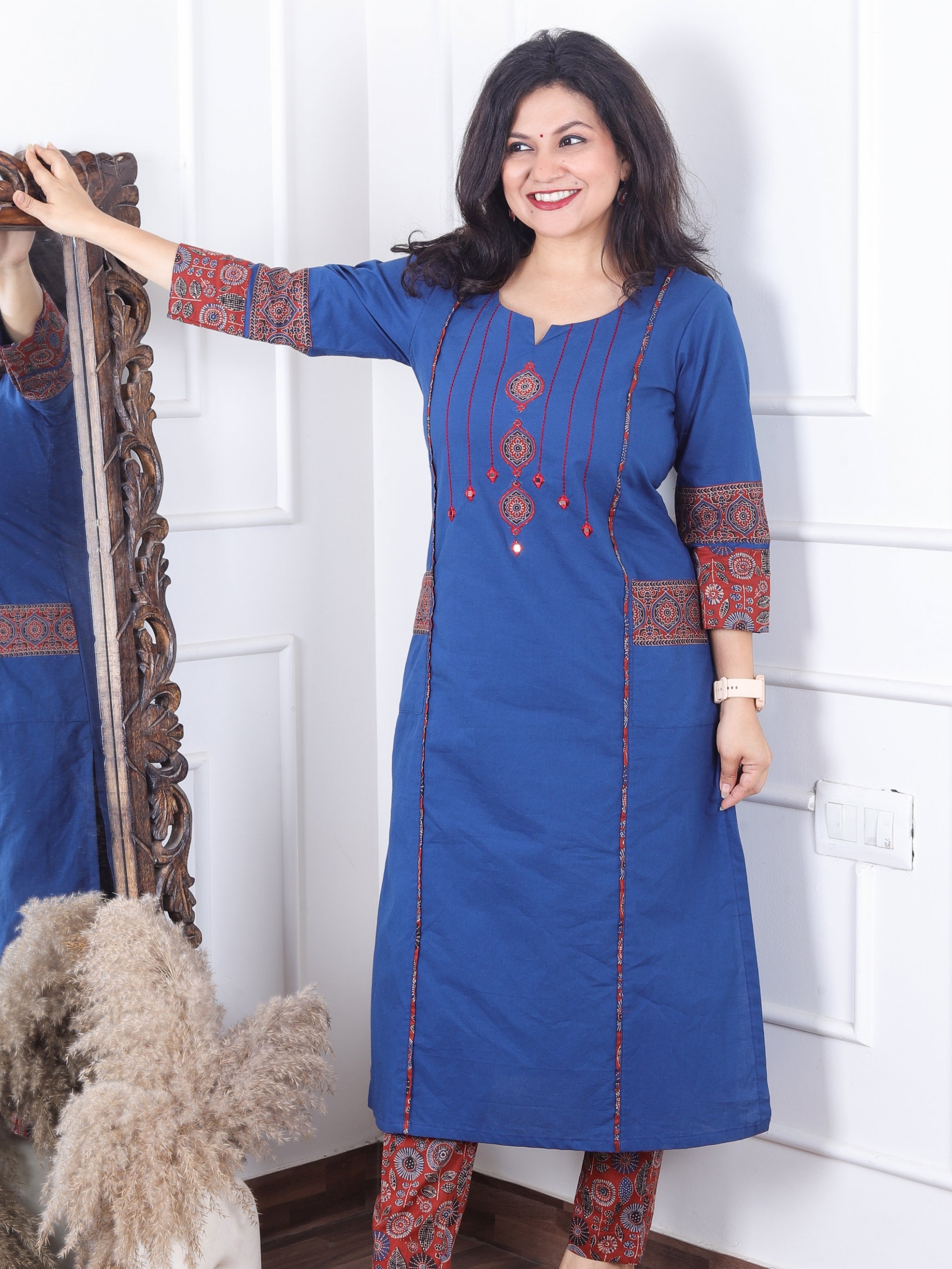 Pankhudi Dark Blue Running Stitch in Ajrak Patch with Mirror Work Cott ...