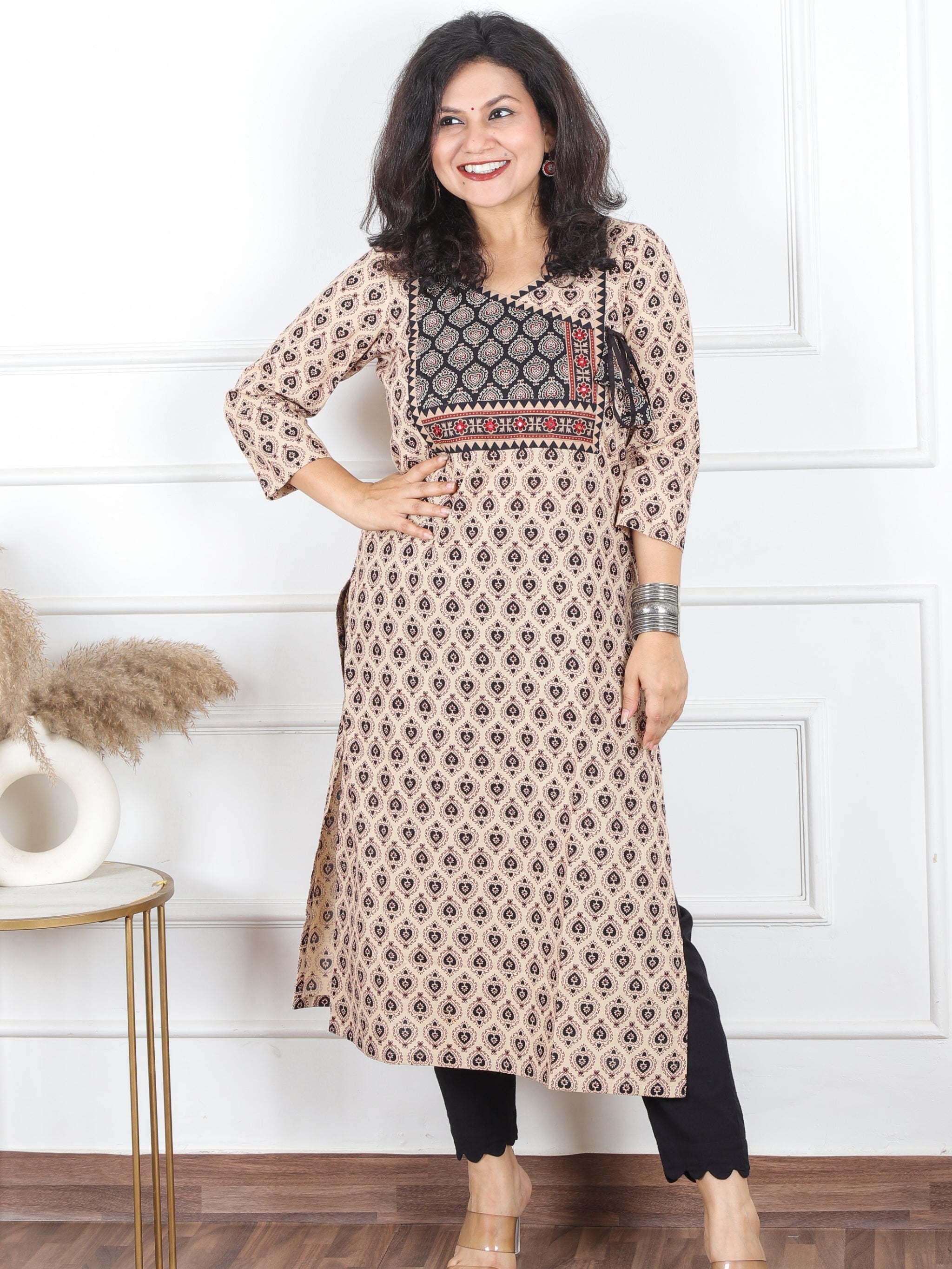 Hariyali Beige with Black Angrakha Yoke with Knot Pan Style Ajrak Prin ...