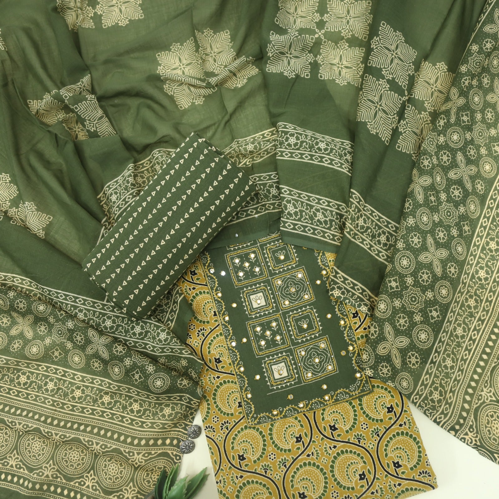 Bayhiss Honey Yellow Patra Work Ajrak Printed Cotton Suit Set ...