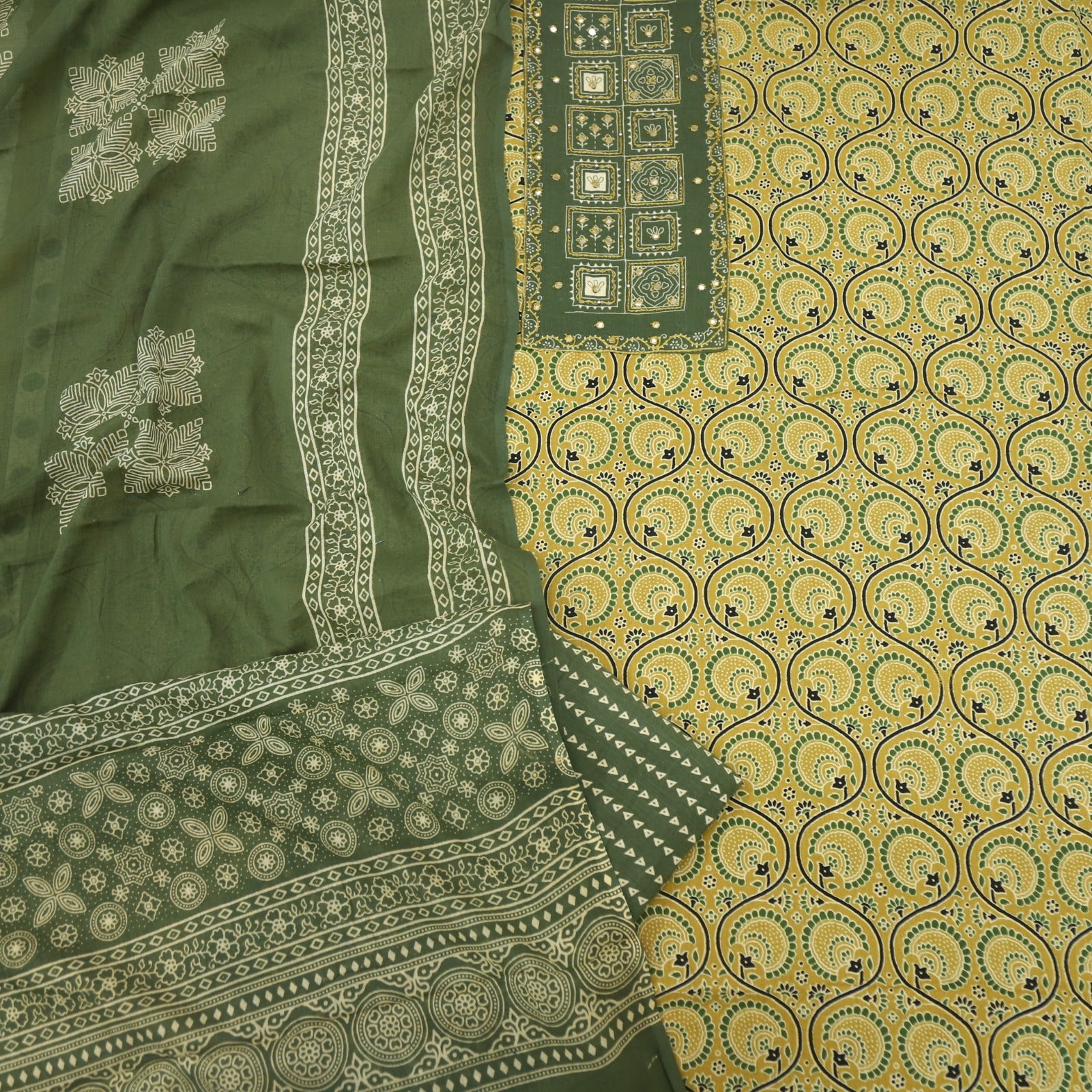 Bayhiss Honey Yellow Patra Work Ajrak Printed Cotton Suit Set ...