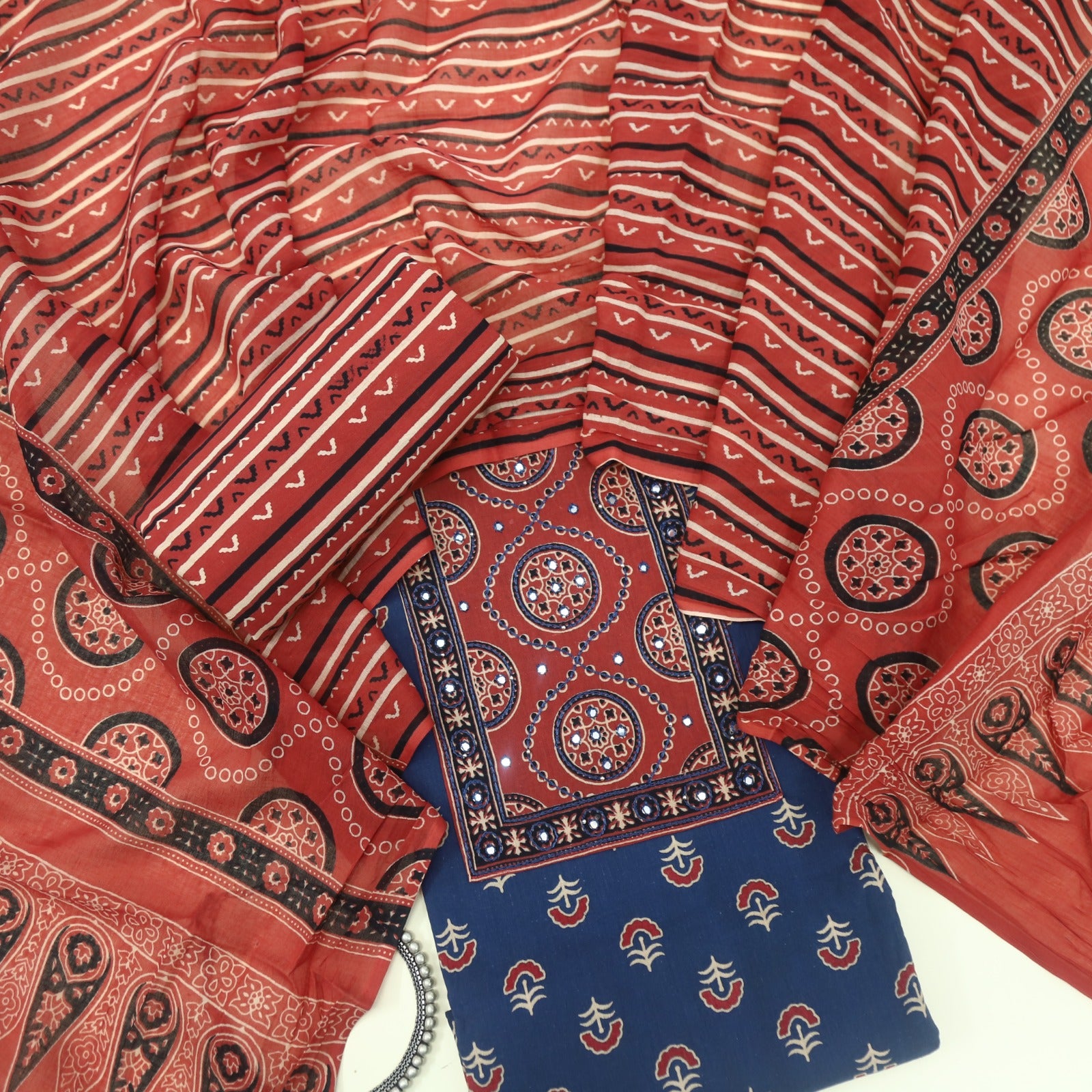 Samaya Midnight Blue Mirror with Patra Work Ajrak Printed Cotton Suit ...