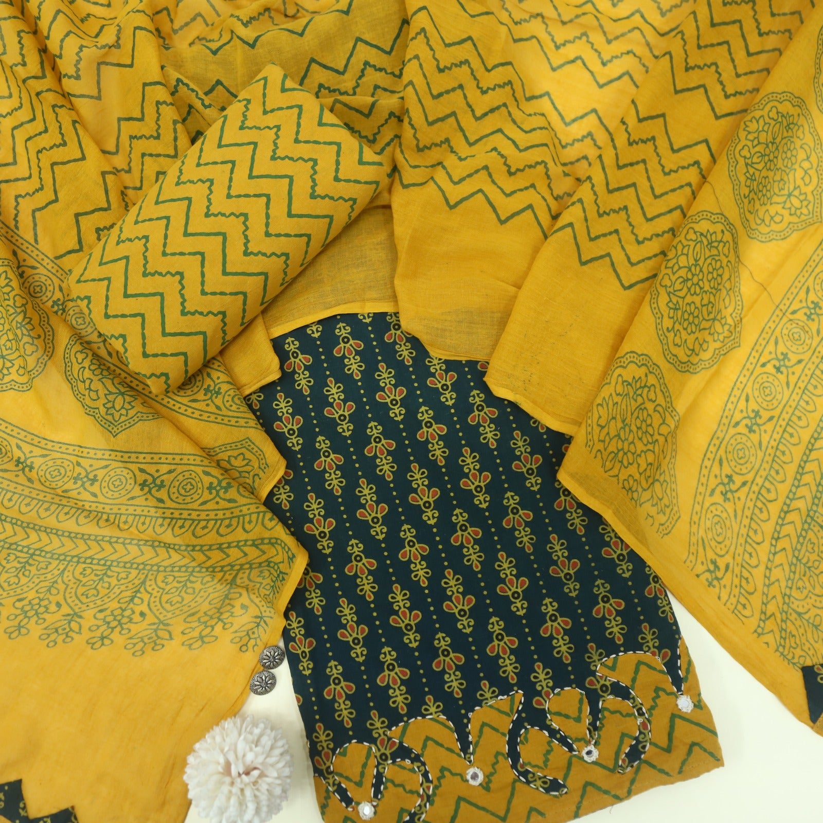 Patang Leaf Green Applique Work with Ajrak Print Cotton Suit Set ...
