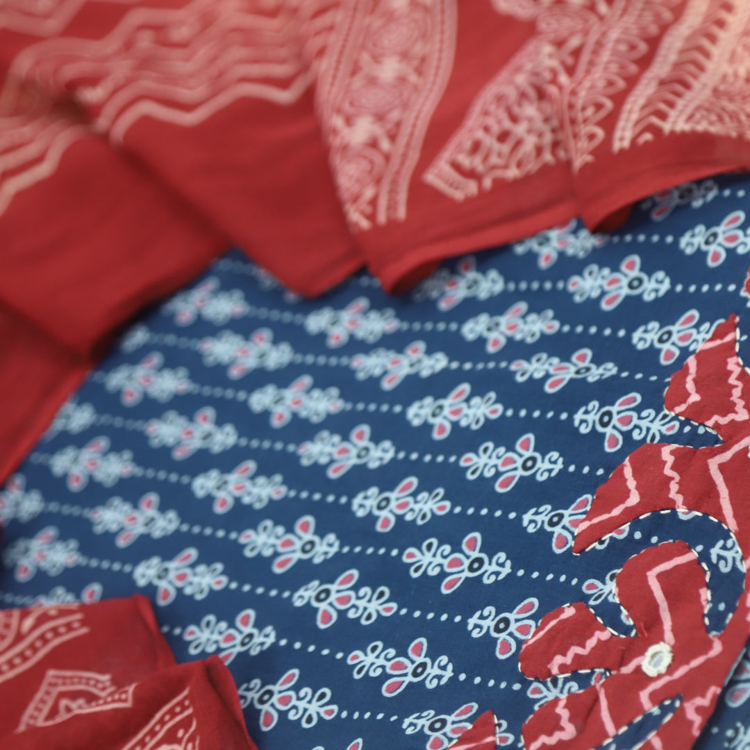 Patang Denim Blue Applique Work with Ajrak Print Cotton Suit Set ...