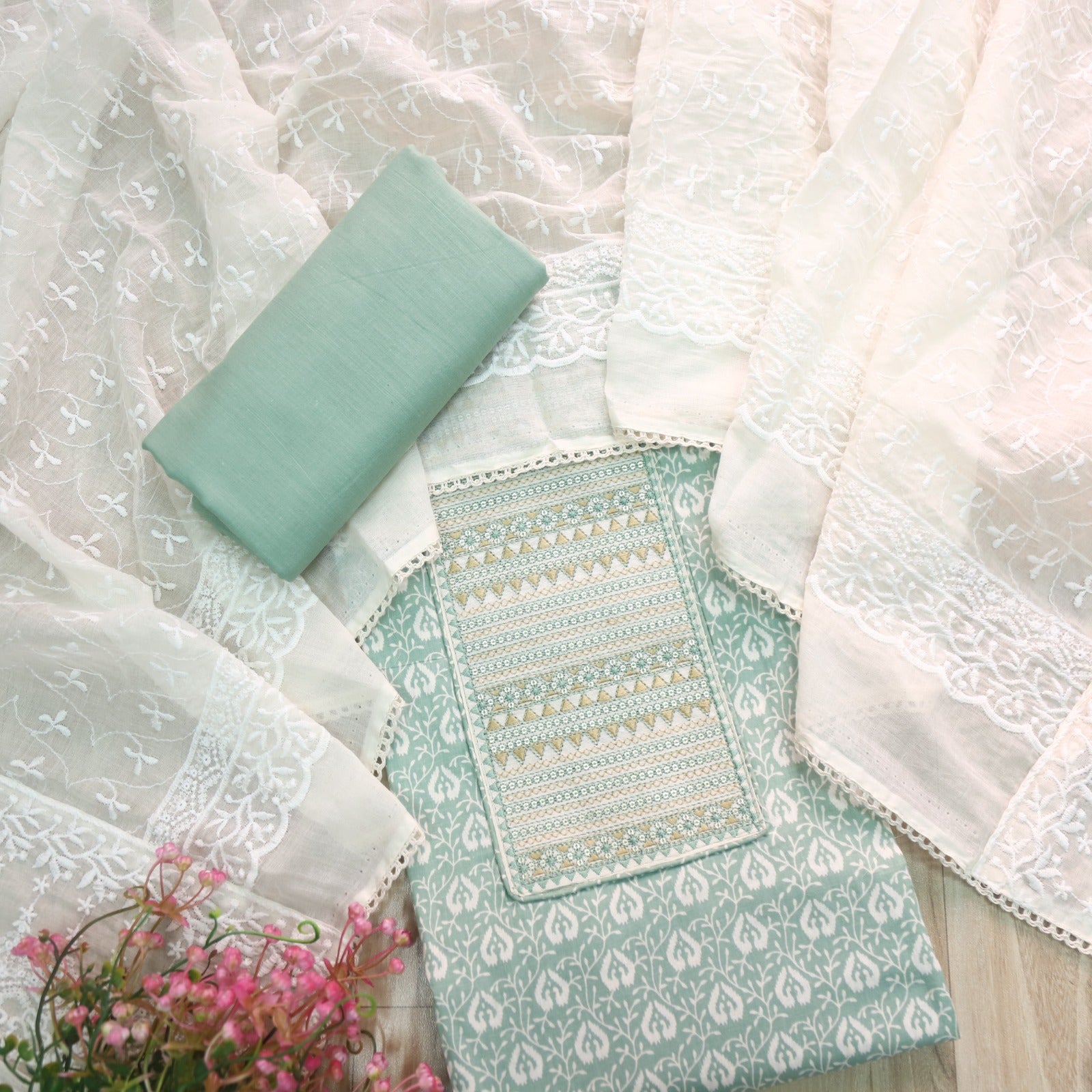 Sarkaare Mint Green Thread Work with Sequence Digital Printed Cotton S ...