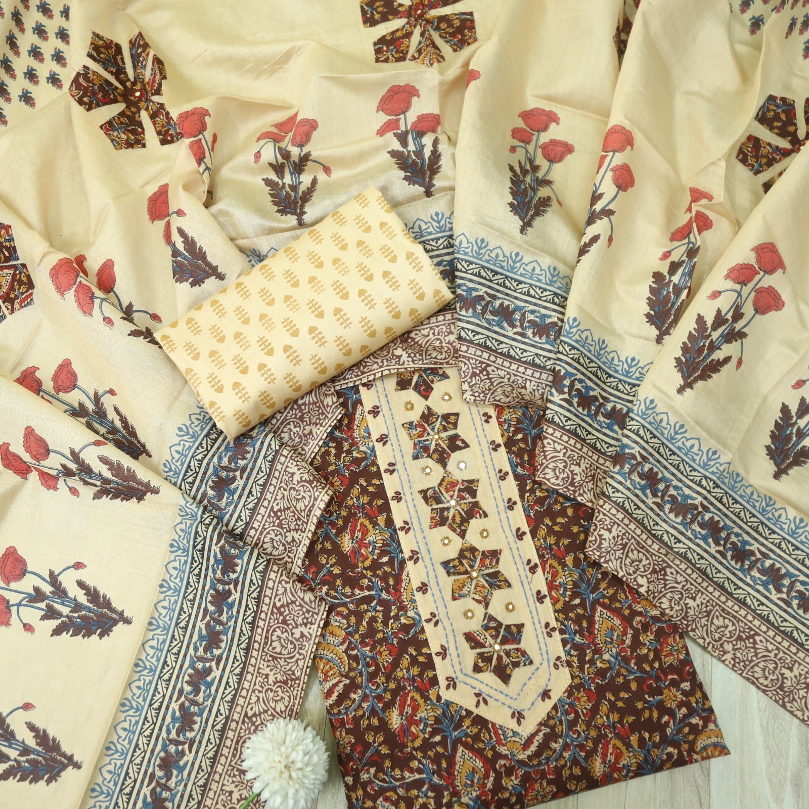 Jhanjhar Maroon Red Patch Work Kalamkari Printed Cotton Suit Set ...