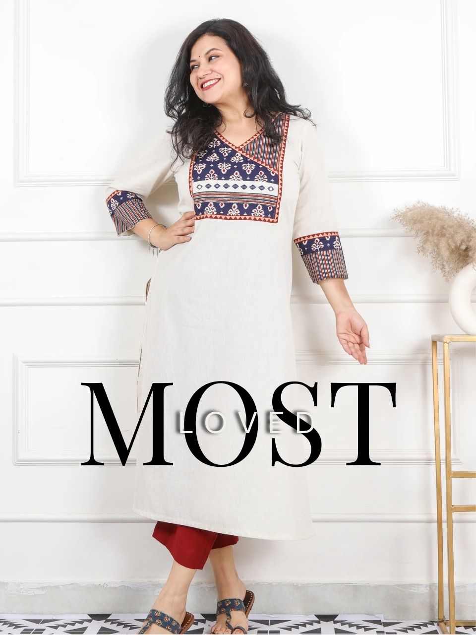 Shaayraana Shell Beige with Blue Print Kutch Patch Cotton Kurti-D3 ...