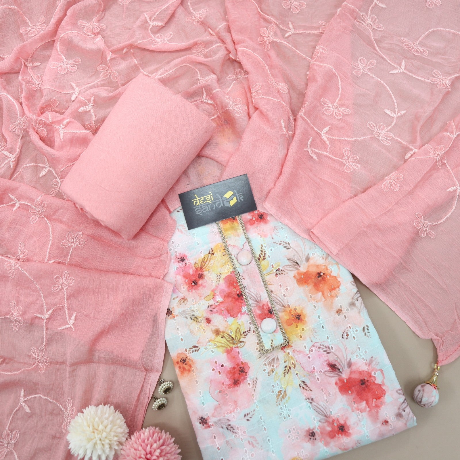 Colorful Floral Printed Hakoba Work Top with Peach Thread Work Chiffon ...